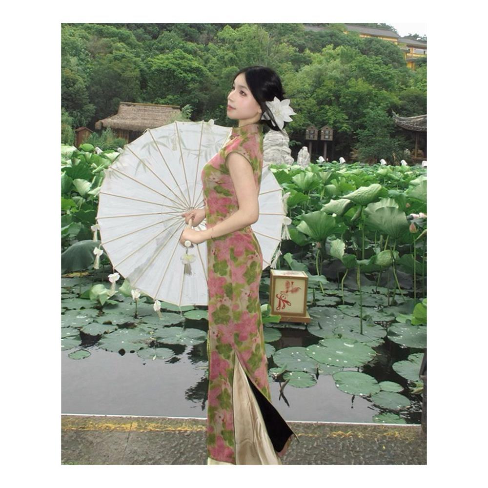 田园旗袍无袖新拍照出游改良版兔清新印花裙荷花复古风立领中式