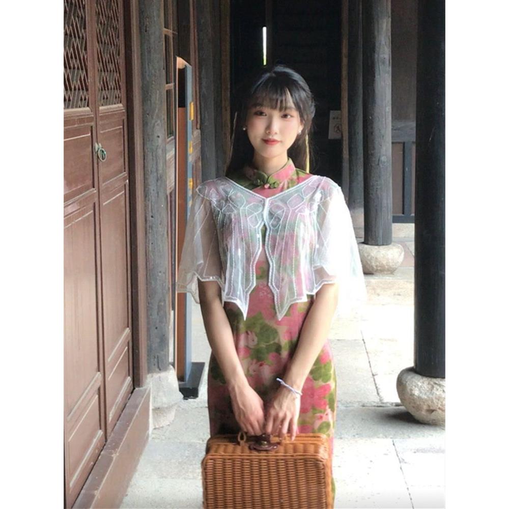 兔子粉绿少女中连衣裙花卉开叉收腰国风森系旗袍无袖夏季日常长