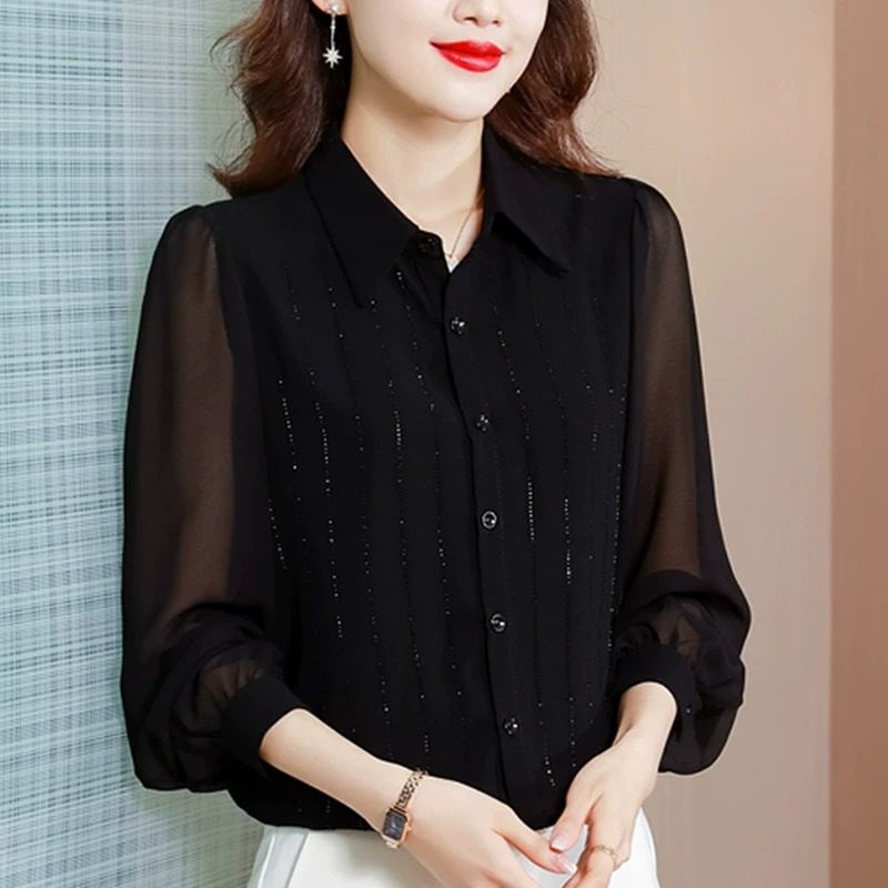 时尚妈妈镶钻雪纺衫女2026年秋季新款遮肚翻领衬衫洋气长袖打底衫