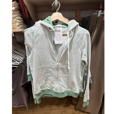 bm美式复古绿条纹连帽拉链卫衣女