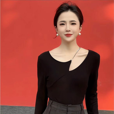 【锁骨精】新款性感露锁骨长袖T恤女气质百搭上衣女4037