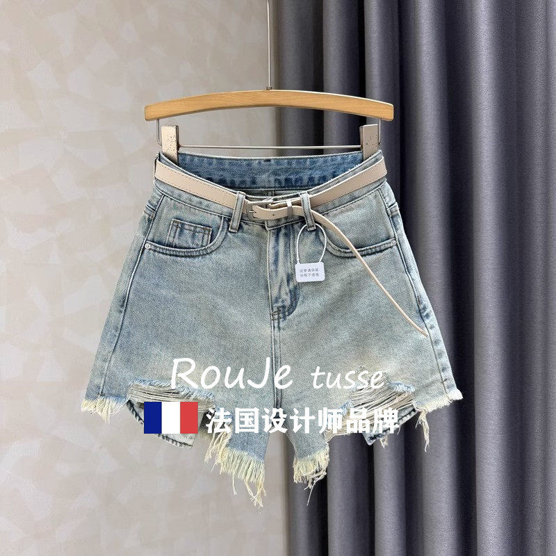 法国Rouje tusse牛仔短裤女夏显瘦直筒牛仔裤高腰毛边破洞阔腿裤