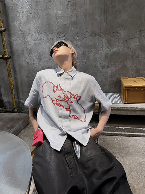 短袖条纹衬衫兔子印花休闲