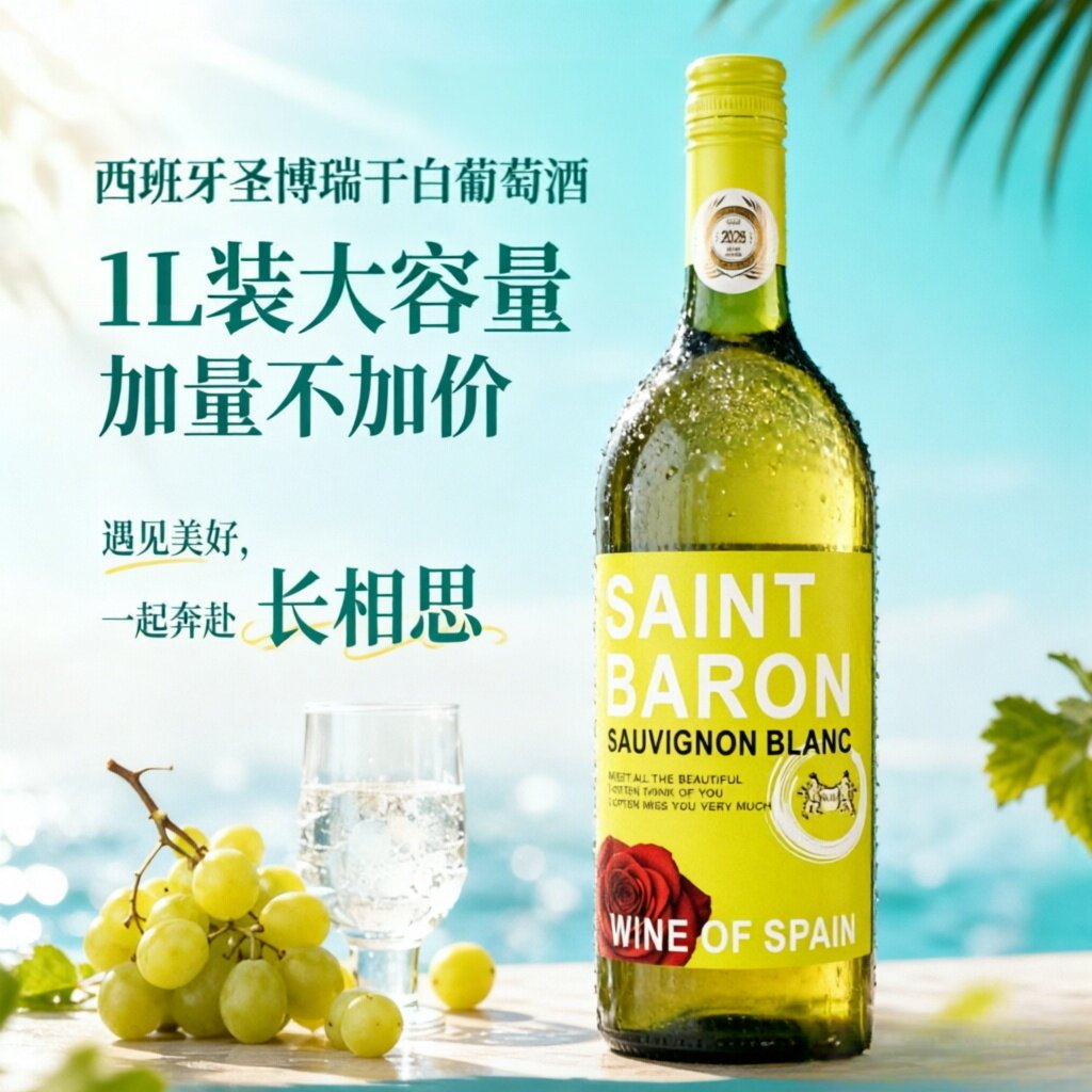 西班牙原瓶进口大容量干白葡萄酒圣博瑞长相思1L装日常口粮葡萄酒