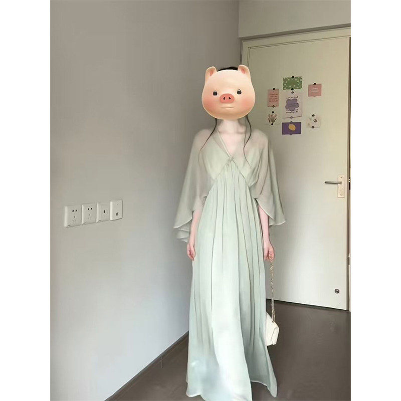 法式度假风绝美假两件洋装女夏季2026新款高级感气质收腰长裙子