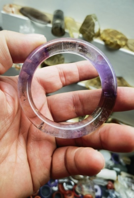 天然乌拉圭紫水晶黄晶原石雕刻手镯圈口48.4条宽12.9重45克一物