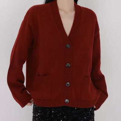 FLOREATELIER重磅绵羊毛针织百搭纯色V领开衫复古宽松显瘦外套女