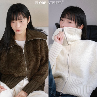 FLOREATELIER100绵羊毛加厚翻领拉链外套保暖氛围感显瘦百搭上衣