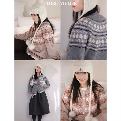 FLOREATELIER100绵羊毛复古费尔岛针织开衫软糯保暖圆领毛衣外套