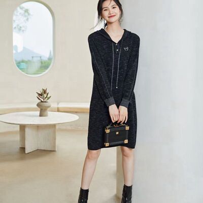 开顺羊毛衫帽领针织女毛衣中长款