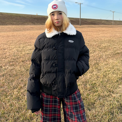 ZZHKA 纽扣毛领棉服女2025冬季新款宽松bf美式学院风短款保暖外套