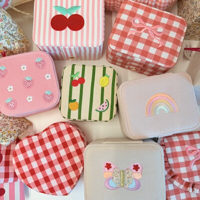 英国rockahula26ss儿童首饰发夹收纳盒刺绣丝绒ins首饰盒公主粉色