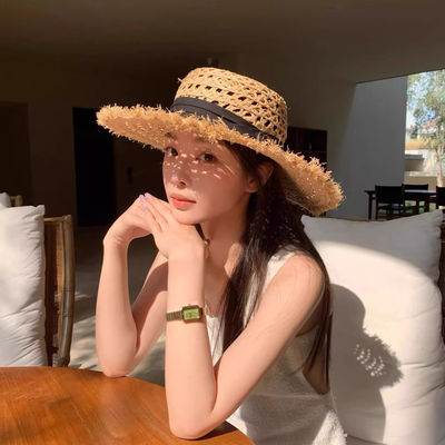 法式毛边平顶拉菲草帽镂空