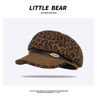 复古豹纹八角贝雷帽千禧辣妹风