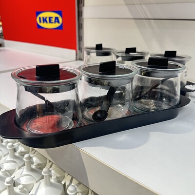 IKEA瑟勒布列达玻璃调味罐套装带盖带勺盐罐糖罐厨房台面调料瓶子