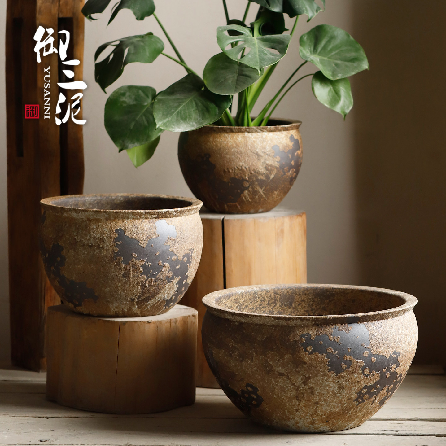 景德镇侘寂复古风陶瓷花盆圆形室内种植盆景装饰摆件做旧斑驳纹理