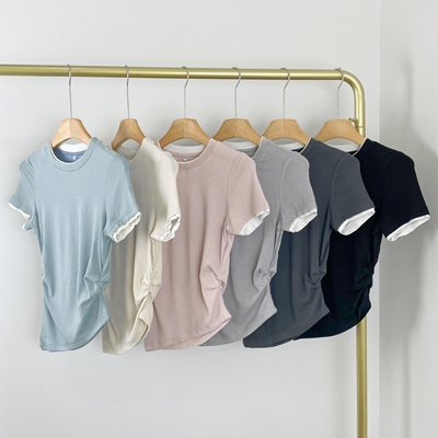 E7014圆领运动假两件短袖女T恤2025新款掐腰修身弹力不规则上衣