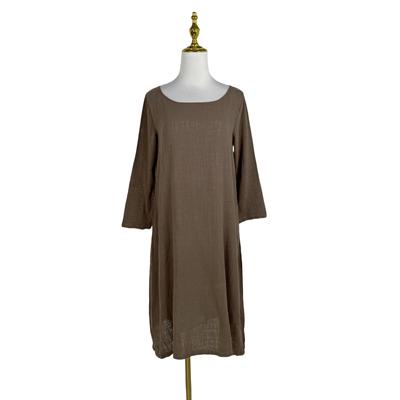 E3130日单新款女装纯色圆领棉麻裙简约气质侧边袋长款连衣裙