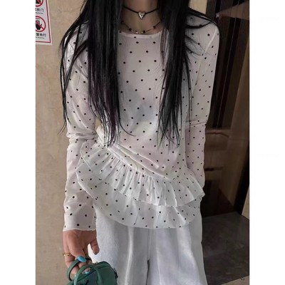 DW2025早春欧货时尚波点下摆木耳边百搭网纱T恤叠穿打底衫女7636