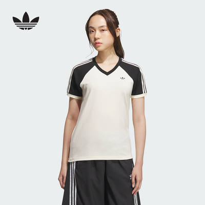 adidas阿迪达斯三叶草V领半截袖夏女三条纹复古短袖T恤KF0316