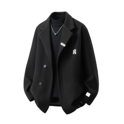 黑色毛呢西装大衣男冬季