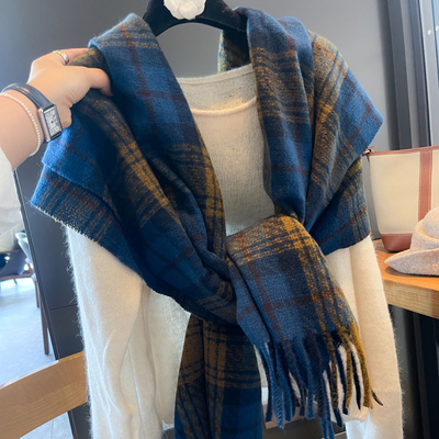 黄蓝格子围巾女冬季学生围脖披肩