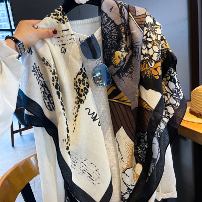 春夏亚麻感豹纹拼色防晒大方巾女