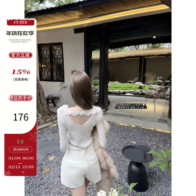 CCZEE 【心动crush】蕾丝打底针织衫女秋冬百搭V领露背长袖上衣