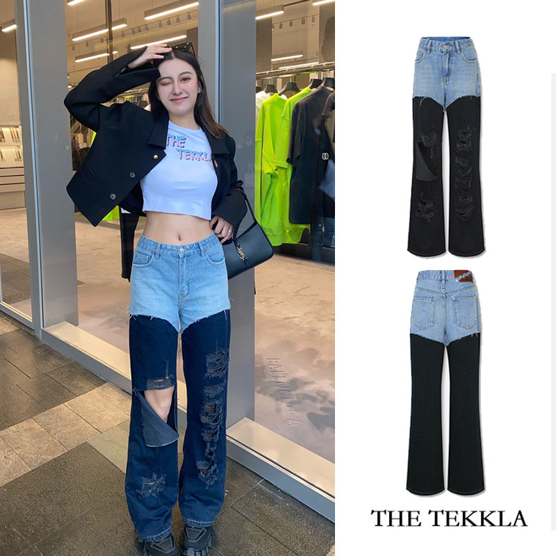 THE TEKKLA官方直发 2022新款两色上下拼接破洞个性牛仔裤女_虎窝淘
