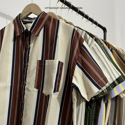 HTTAOSUP短袖美式条纹衬衫男女