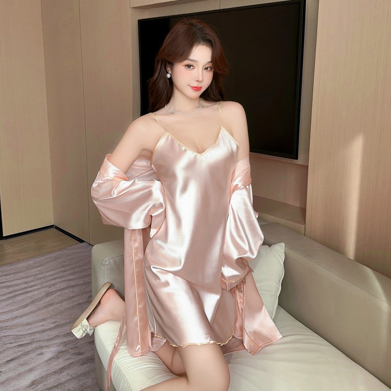 睡裙睡袍女仿真丝吊带睡衣性感诱惑冰丝套装俩件套睡衣女款夏大码