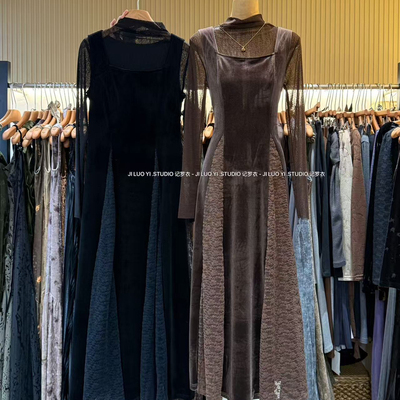 冬上新赫本风丝绒拼接网纱长款连衣裙（不配打底）10138