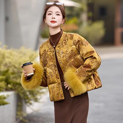 中式风印花绒ZJIU7580服女冬季洋气唐装国上衣狐狸毛白鸭羽绒短外