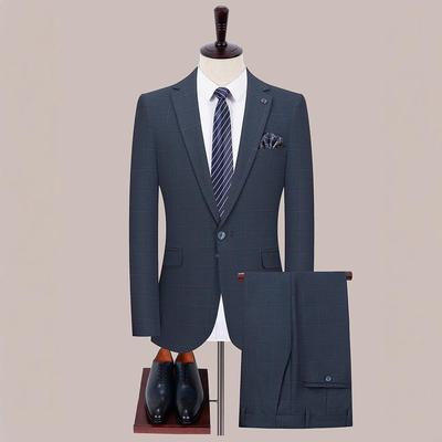 6156-L春秋季男士西服三件套装轻结商务新闲韩版高端格子郎婚休西