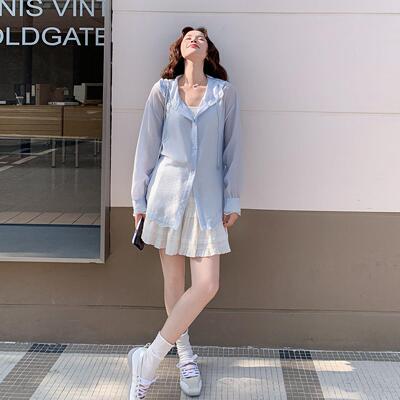 浅蓝色松弛感龄蕾丝拼接连帽外闲c219-265上套女夏新款初休轻薄款
