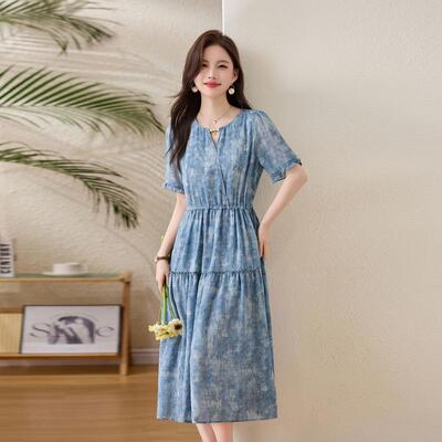 减色连ZGUO8207粉衣裙女洋夏季新款好看收腰气妈妈装龄中长款短袖