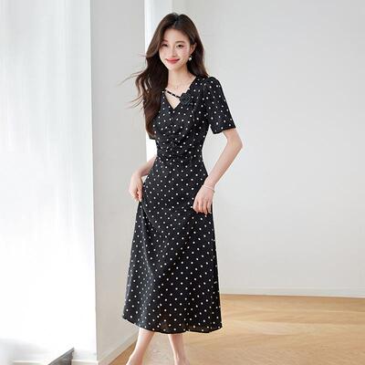 现货裙领收系带衣泡泡袖波点连裙长裙波点连衣女Z5627-06腰夏