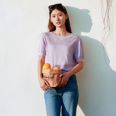 歌蒂诗夏专柜新款简约舒适经典百搭通勤短袖毛织衫 1F22Z1600