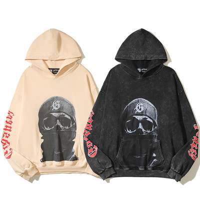 Godspeed复古蒙面人骷髅头印花水洗做旧美式潮牌ins毛圈连帽卫衣