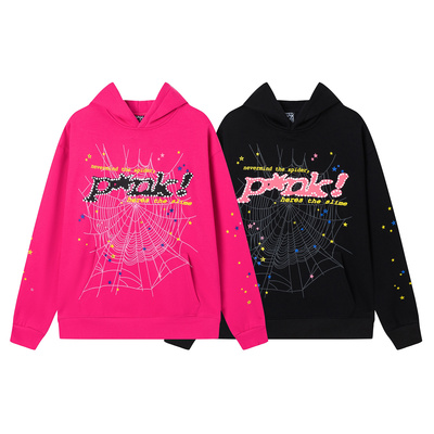 小众潮牌Sp5der新款蜘蛛网发泡印花YoungThug加绒纯棉连帽卫衣衫