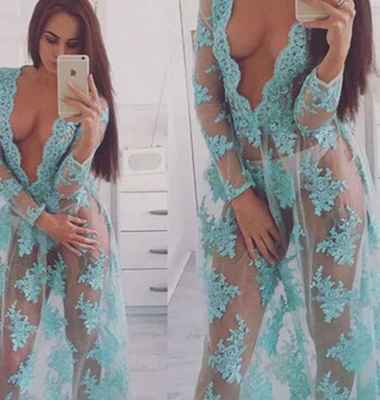 0331 Lake Water Blue Perspective Sexy Deep V Long Dress