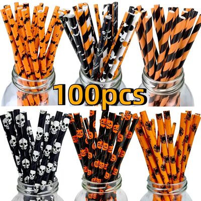 25/50/100pcs Halloween Party Favors Paper Straws Black and O