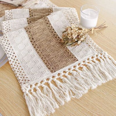 Boho Farmhouse Linen Table Runner with Tassels–Rustic Macra