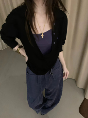韩国东大门超好看真两件长袖衬衫女秋新款设计感V领上衣+吊带背心
