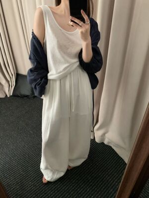 韩系松弛感天丝苎麻松紧腰休闲裤女夏新款慵懒舒适透气阔腿拖地裤