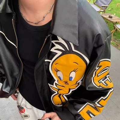 美式街头宽松翻领皮衣外套