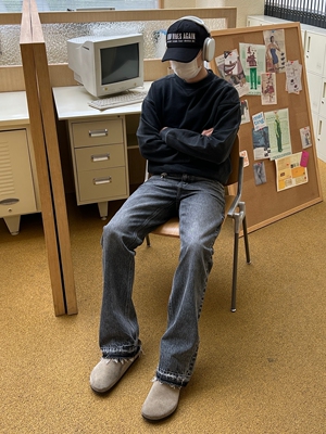 vintage拆裤脚做旧雪花纹理黑牛