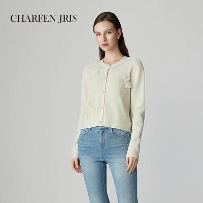 CHARFENJRIS 春季新款优雅花朵钉珠毛织上衣FJF1A696-6008C