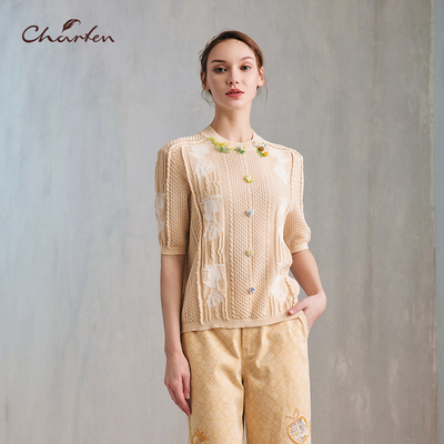 朝峰夏季轻奢优雅提花针织衫女