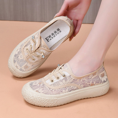 夏季新款老北京布鞋女网鞋透气蕾丝妈妈鞋浅口平底女士网面休闲鞋
